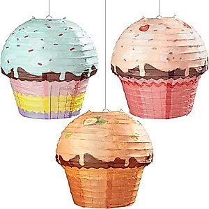 12 Inches Cupcake Hanging Paper Lanterns Donut Hanging Paper Lanterns Candyland Party Decorations Donut Dessert Baby Shower Decorations Sweet Candy Party Supplies (3 Pieces)