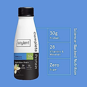 Soylent Complete Protein Shake, Vanilla, 30g Protein, Vegan, Dairy Free and 0g Sugar, Ready to Drink Protein Drinks, 11oz (12 Pack)