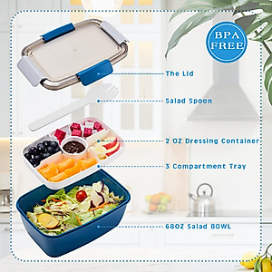 Tessco 6 Pcs Large Salad Container for Lunch 68 oz Salad Bowls Stackable Lunch Box Containers with 5 Compartment and Sauce Cups for Adults Meal Snack Food Dressing Fruit, Pink Green Blue