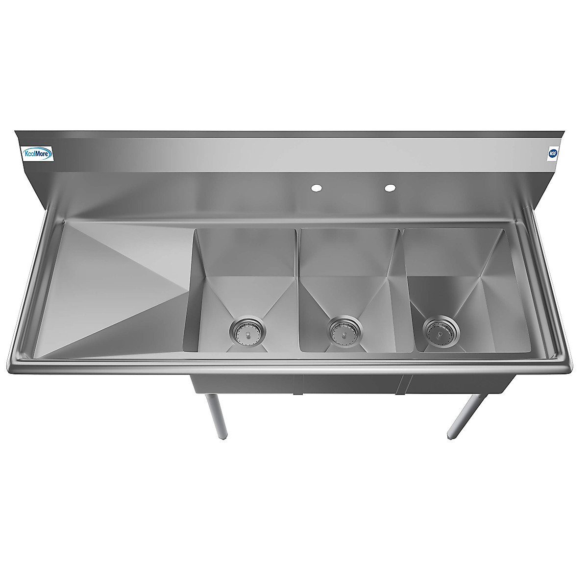 KoolMore 3 Compartment Stainless Steel Commercial Kitchen Sink with Large Drainboard - Bowl Size 12" x 16" x 10", Silver
