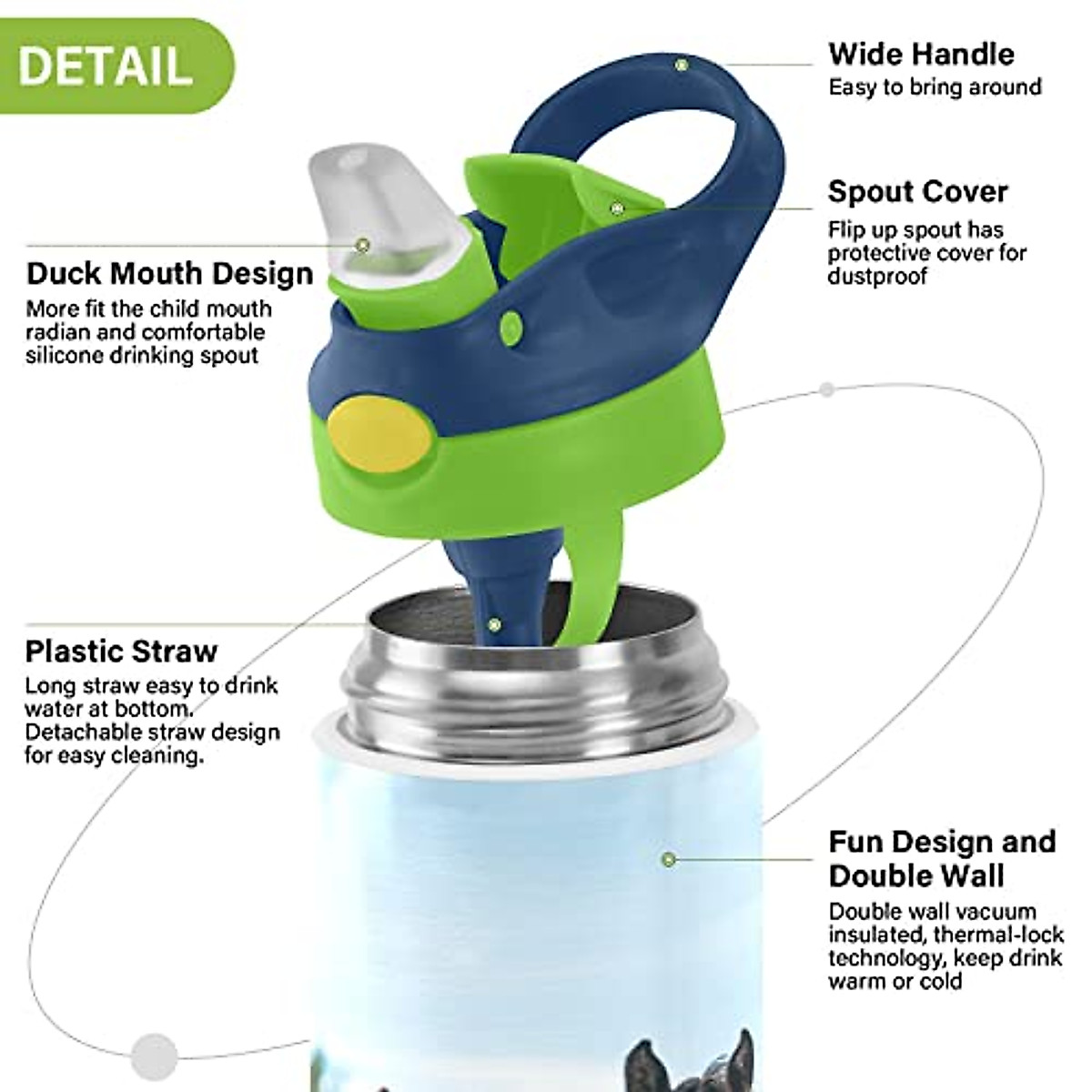 Kigai Cloudy Tree Horse Kids Water Bottle, BPA-Free Vacuum Insulated Stainless Steel Water Bottle with Straw Lid Double Walled Leakproof Flask for Girls Boys Toddlers, 12Oz