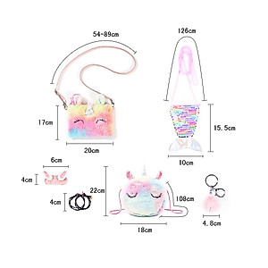 2pcs Little Girl Unicorn Purses Toddler Purses,1pcs Mermaid Bag with Cat Ear Hair Clips/Elastic Hair Ties and Plush keychain