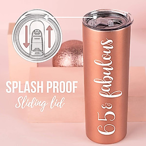 Onebttl 65th Birthday Gifts for Women, 65 & Fabulous, 20 Oz Insulated Stainless Steel Skinny Wine Tumbler for Mom, Best Friend, Sister, Aunt, Wife, Coworkers, Rose Gold