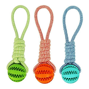 Generic Interactive Dog Rope Ball Toy (3 Colors). Interactive Dog Toy, Teeth Cleaning, Food Dispensing, Toy for Tug of War Playing, Durable Rubber Ball (Blue)