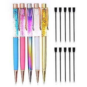 Liquid Sand Pen Ballpoint Pens 5 Pcs Metal Pen Refills Bling Dynamic Liquid Sand Pen Black Ink +10Pcs 2.75'' Ballpoint Pen Refills (5 Color)