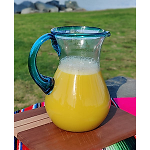 Mexican Hand Blown Glass Pitcher – Aqua Rim and Handle (84 oz)