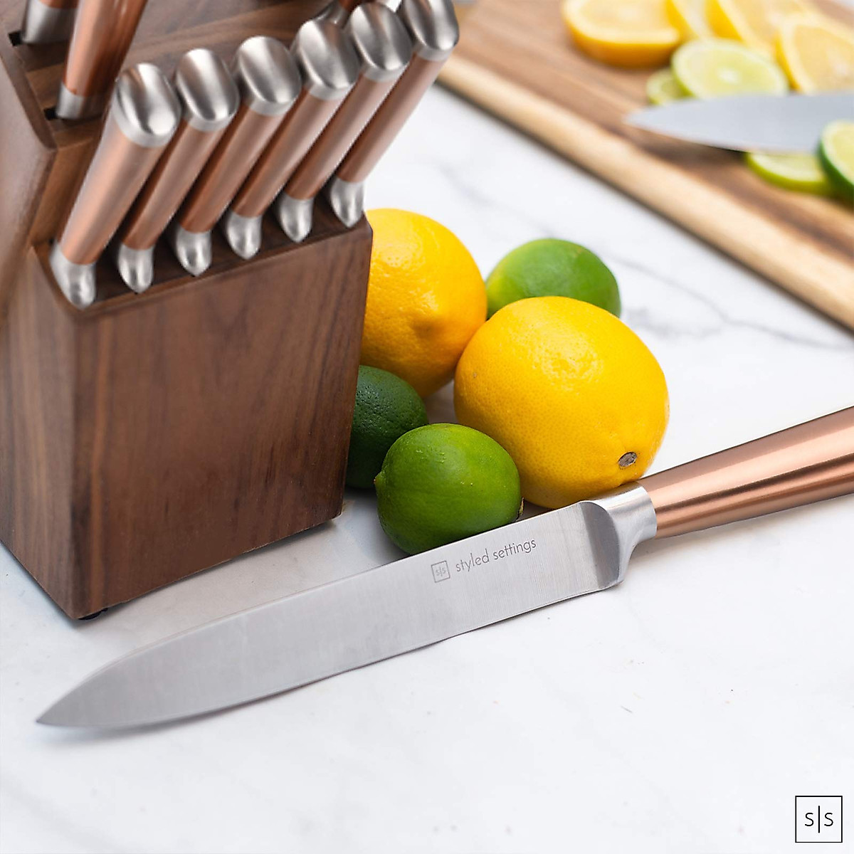 Copper Knife Set with Walnut Knife Block - Premium 13 PC Stainless Steel Knife Sets for Kitchen with Block - Rose Gold Knife Set With Block, Rose Gold Kitchen Accessories & Copper Kitchen Accessories