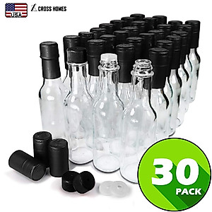 Hot Sauce Woozy Bottles Empty 5 Oz Complete Sets of Premium Commercial Grade Clear Glass Dasher Bottle with Shrink Capsule, Leak Proof Screw Cap, Snap On Orifice Reducer Dripper Insert (Black 30 Sets)