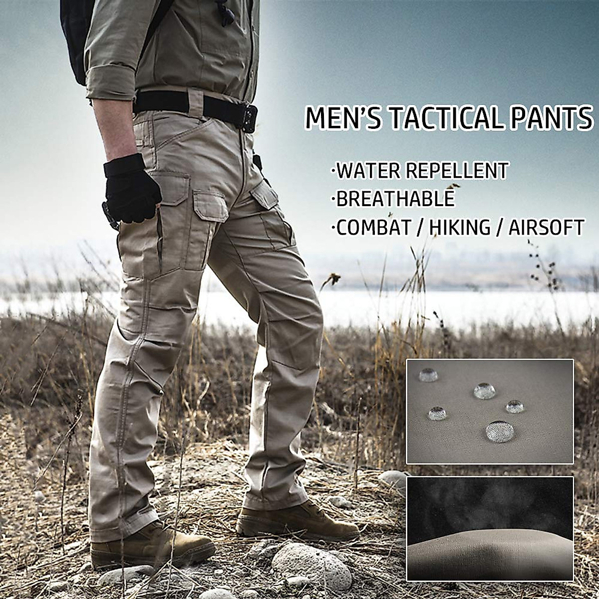 NAVEKULL Men's Outdoor Tactical Pants Rip Stop Lightweight Waterproof Military Combat Cargo Work Hiking Pants Khaki