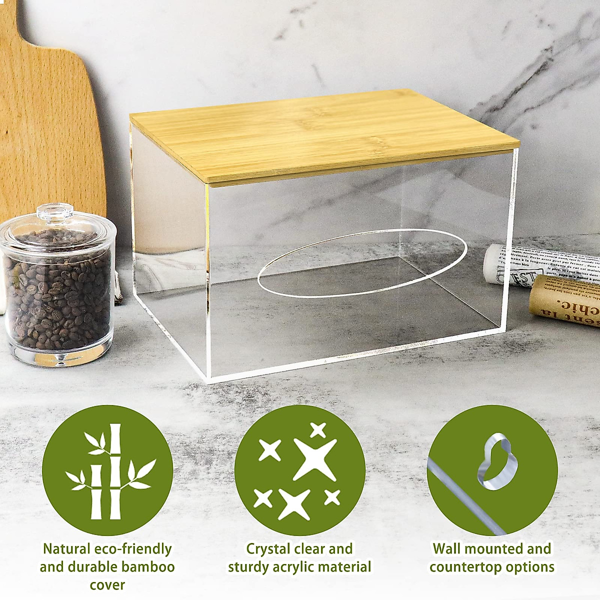 Extra Large Trash Bag Dispenser Roll Holder, Acrylic Garbage Bag Dispenser with Bamboo Lid, Wall Mount Trash Bag Organizer for Kitchen Cabinet, Under Sink