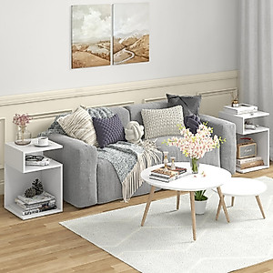 Giantex 3-Tier Side Table Set of 2, S-Shaped End Table with 2 Open Storage Compartments, Wood Narrow Bedside Table, Modern Nightstand for Bedroom, Living Room, Small Spaces, Easy Assembly, White