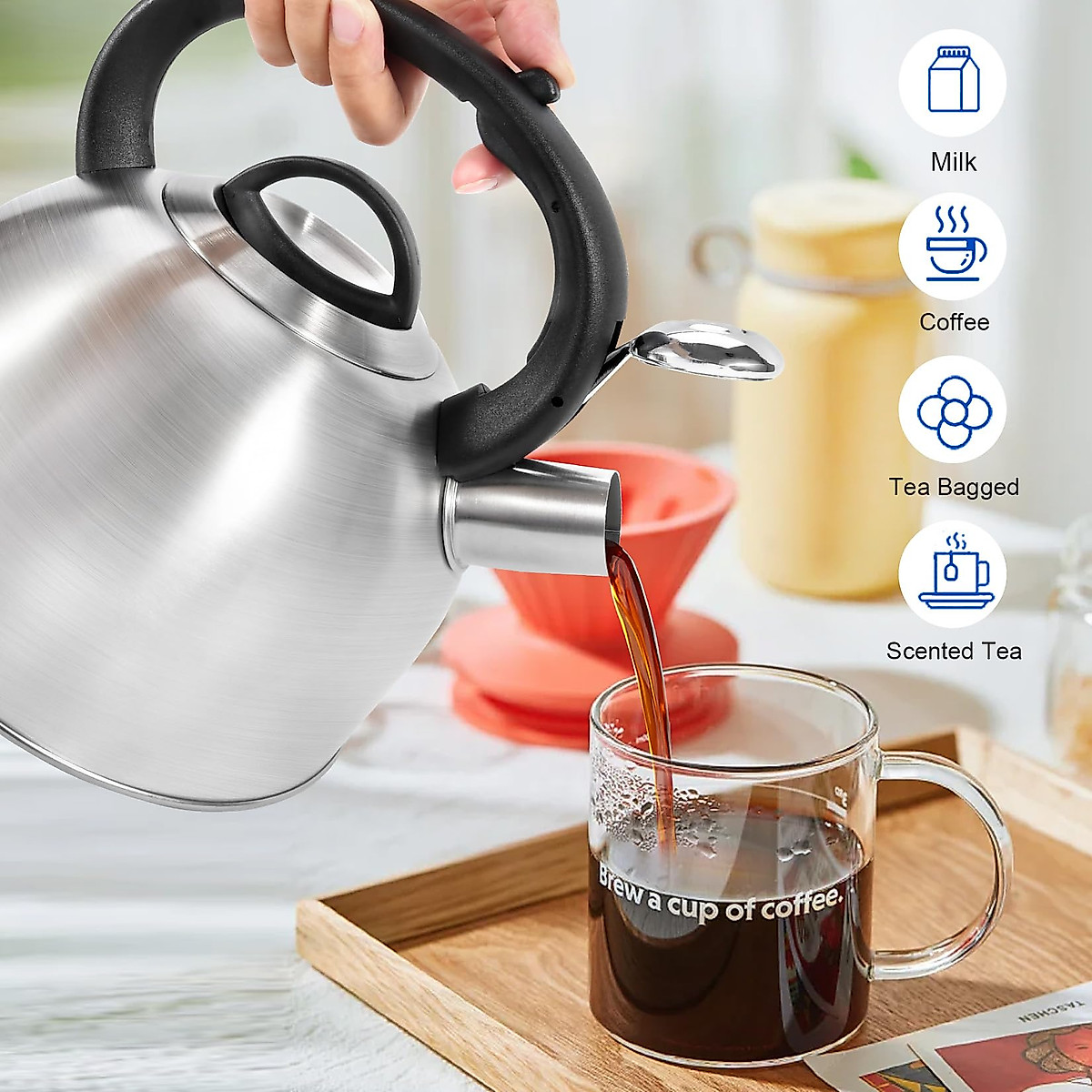 Jeasom Tea Kettle Stovetop - Food Grade Stainless Steel Whistling Tea Pot with Ergonomic Handle, Unique Button Control Kettle Outlet, Can Be Used in the Kitchen or Camping, 3.1 Q/3L