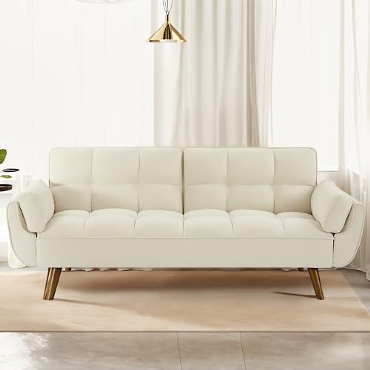 Fangflower Convertible Sofa Bed, Velvet Fabric Adjustable Backrest Sleeper Futon Loveseat with Tapered Wood Legs for Living Room, Bedroom, Apartment Lounge, Garage