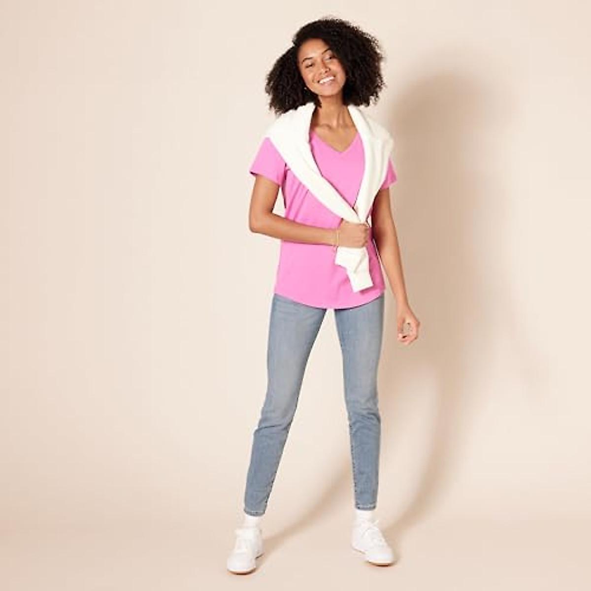 Amazon Essentials Women's Classic-Fit 100% Cotton Short-Sleeve V-Neck T-Shirt (Available in Plus Size), Pack of 2, Light Grey Heather/Bright Pink, Medium