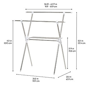 IRIS USA Foldable Drying Rack with Extendable Rods for Large Laundry Loads, Clothes Drying Rack, Freestanding Foldable Laundry Rack, Anti-Skid Feet, Portable and Storable, Silver