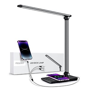 FOCASEY LED Desk Lamp with Wireless Charger,USB Charging Port,Eye-Caring Desk Lamps for Home Office,Touch Control Table Lamp with 25 Lighting Modes,Desk Light for Study,Reading,Office,Black