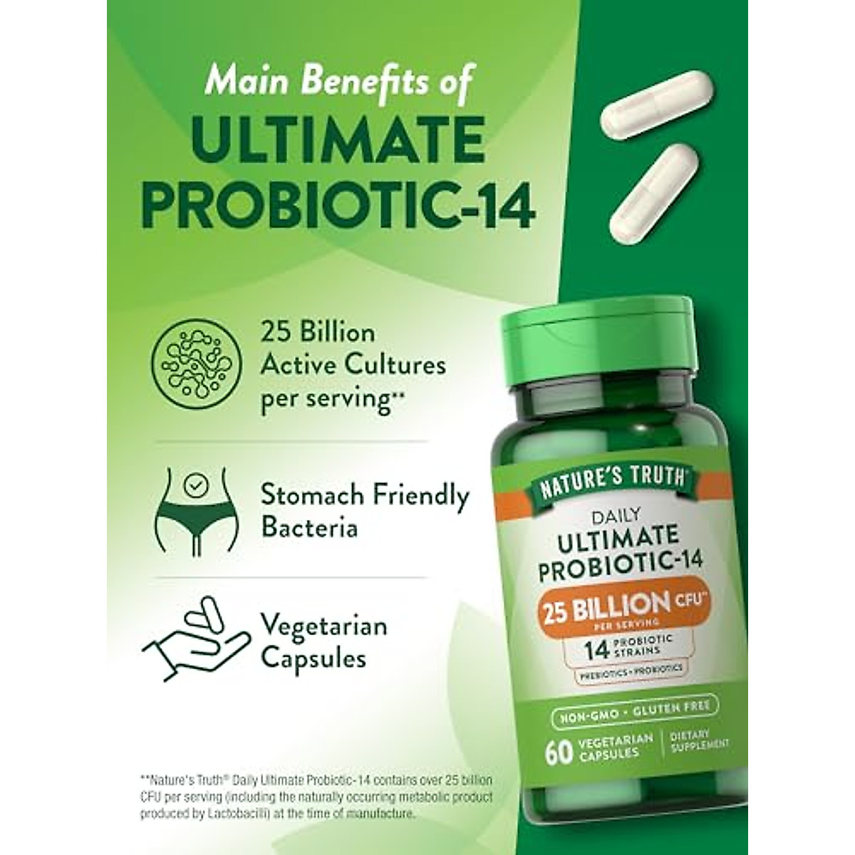 Probiotics for Men and Women | 25 Billion CFU | 60 Capsules | 14 Strains | Non-GMO & Gluten Free Digestive Health Supplement | by Nature's Truth