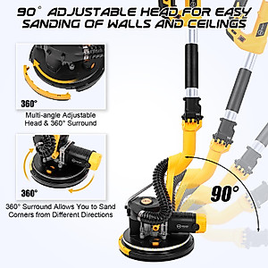 Gyfent Drywall Sander, 880W 7.3-Amp Popcorn Ceiling Removal Tool with 1100-2100RPM 5 Variable Speed 12pcs Sanding Discs Electric Drywall Sander with Vacuum Dust Collector LED Light for Ceiling Sanding