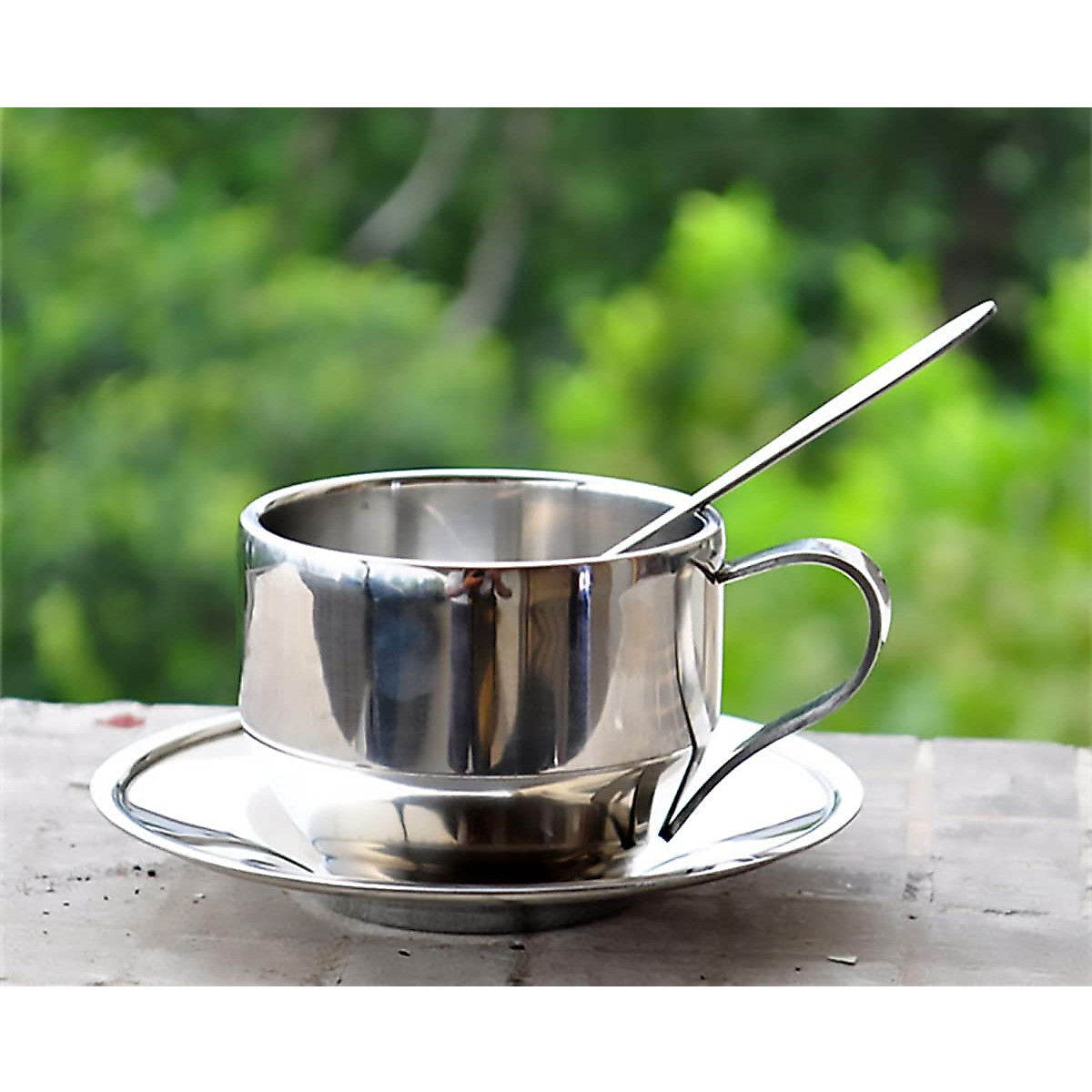 Dadamong Insulated Espresso Cup Set Stainless Steel Coffee Mugs Set, Double Walled Coffee Cup with Saucer and Spoon, Espresso Latte Cappuccino Milk Tea Cup, 4.3oz / 130ML