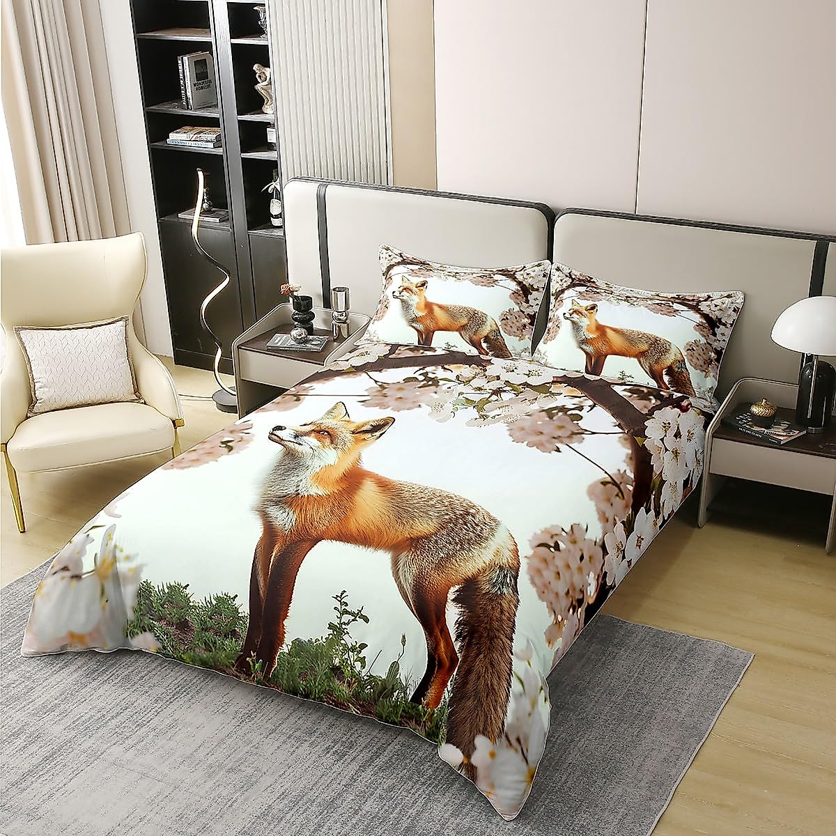 Feelyou Fox Duvet Cover 100% Cotton Boys Girls Twin Size Cute Cartoon Fox Bedding SetWoodland Fox Comforter Cover Set Wild Animal Bedspread Cover Room Decor Cherry Blossoms Bedclothes Zipper