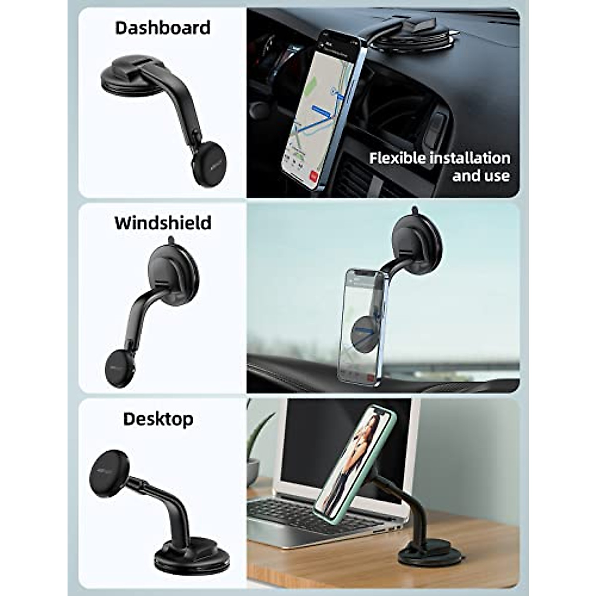 ACEFAST Magnetic Phone Car Mount, Universal Phone Car Holder Low Installation Height Built-in Four N52 Super Strong Magnets Large Sticky Base Suction Cup Dashboard Windshield Flexible Installation
