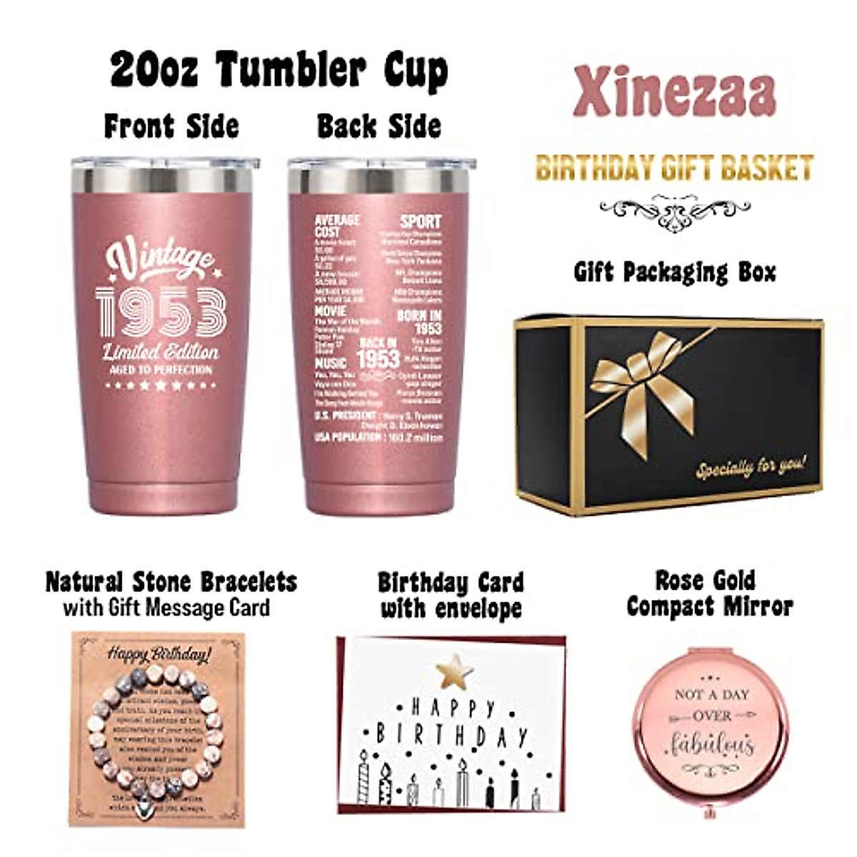Xinezaa 70th Birthday Gifts Set for Men Women, 70th Birthday Gift for Friend Coworker Wife Mom Aunt Grandma, Happy 70 Years Old Birthday Party Decorations, 20oz Tumbler Cup, Rose Gold