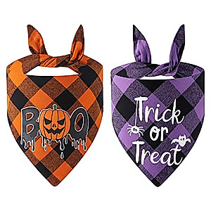 2 Pack Plaid Halloween Dog Bandanas, Washable Halloween Pumpkin Bat Printing Dog Bib Kerchief Scarf Adjustable Accessories for Small to Large Dog Puppy Cat
