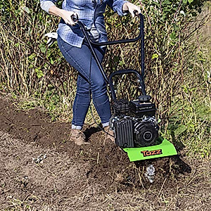 Tazz 35310 2-in-1 Front Tine Tiller/Cultivator, 79cc 4-Cycle Viper Engine, Gear Drive Transmission, Forged Steel Tines, Multiple Tilling Widths of 11”, 16” & 21”, Toolless Removable Side Shields,Green
