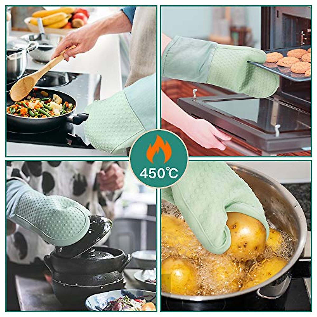 Oven Mitts and Pot Holders Set 8 Pcs, Extra Long Silicone Gloves Kitchen Accessories High Heat Resistant 450 Degree Potholder with Non-Slip Surface Soft Inner Lining for Cooking Baking