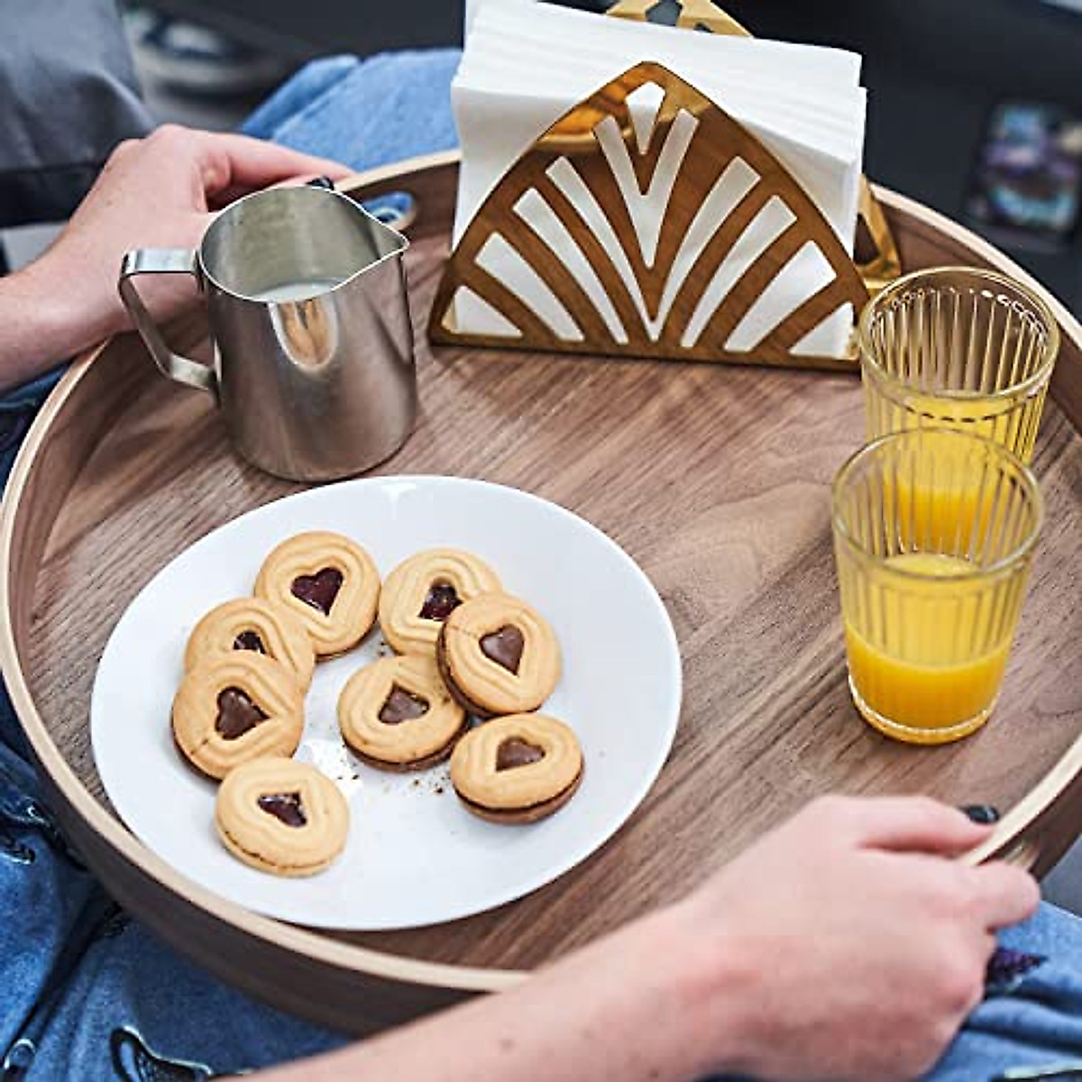 urbanplus 16.5" Walnut Large Round Serving Tray with Handles, Large Round Ottoman Tray, Bed Tray, Wood Serving Tray for Eating, Food, Coffee, Breakfast, Afternoon Tea, Decoration