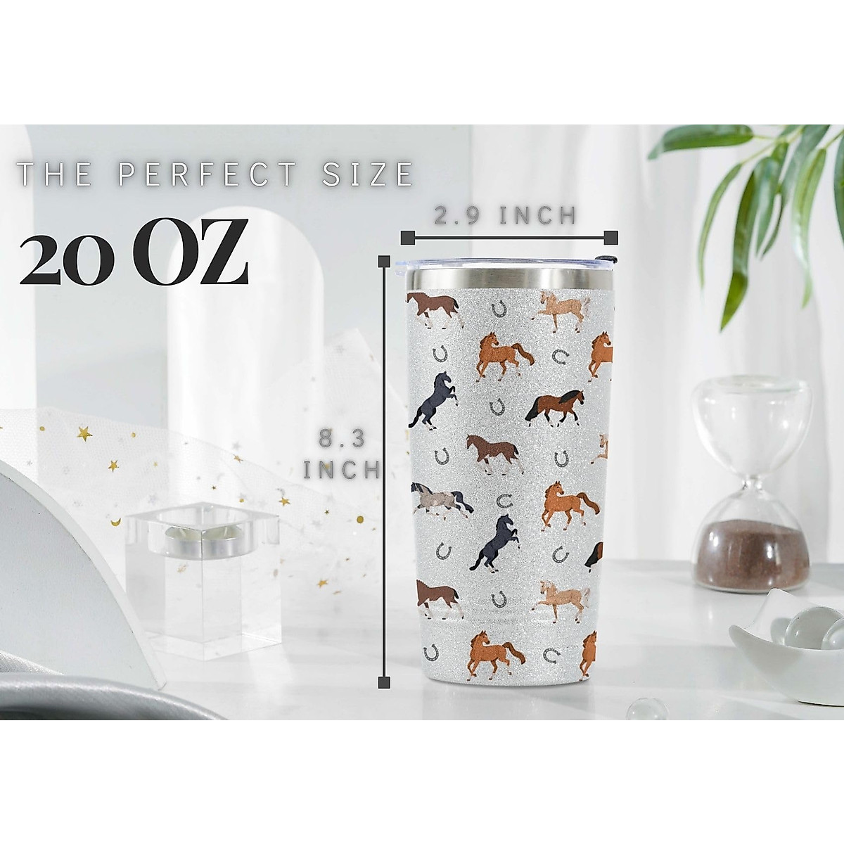 Onebttl Horse Gifts for Horse Lovers, Insulated Stainless Steel Tumbler with Lids and Straws, Western Gifts for Equestrian Girls, Women on Birthday, Christmas, 20 oz, Glitter Silver