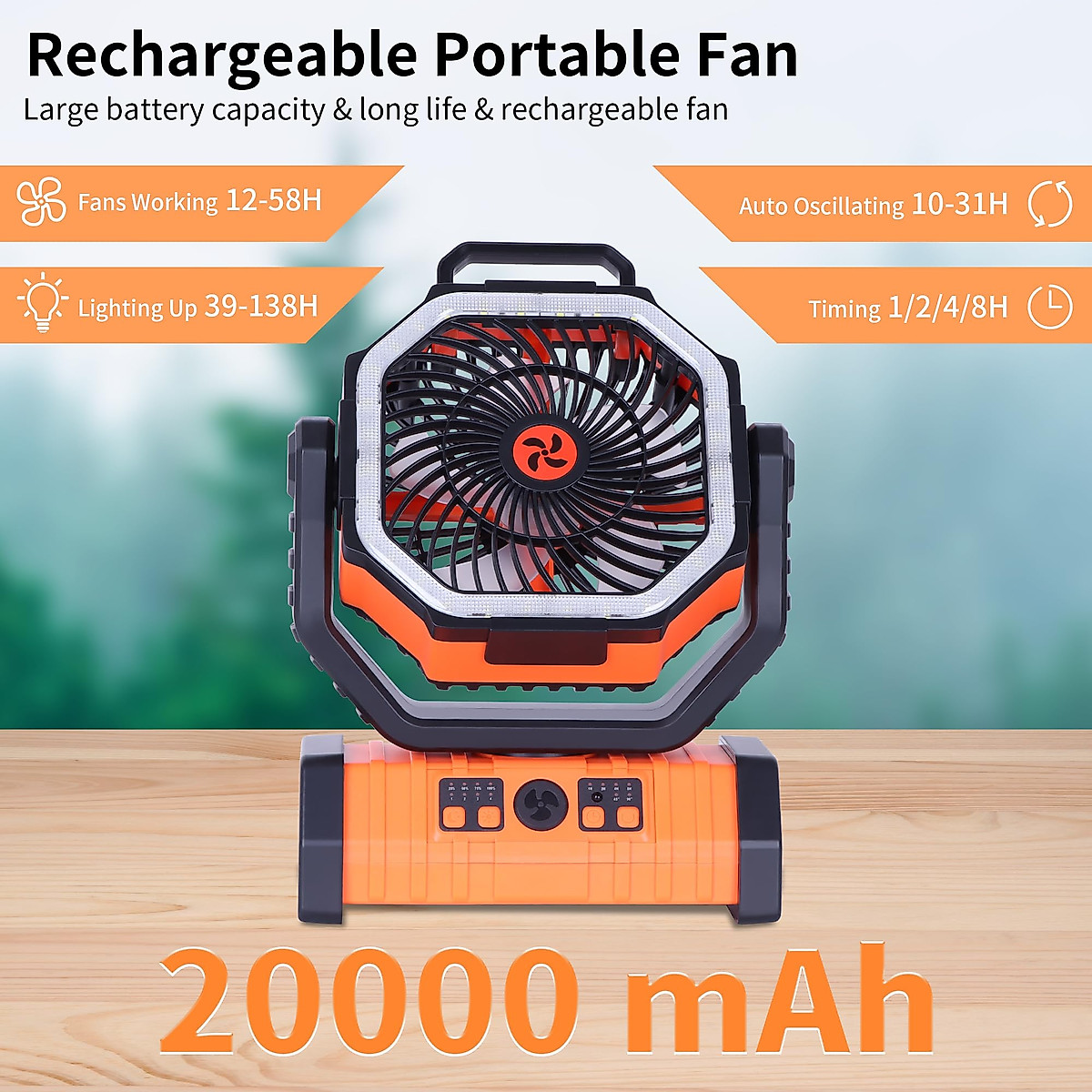 𝟐𝟎𝟎𝟎𝟎𝐦𝐀𝐡 Camping Fan Battery Powered Fan with LED Lantern, Portable Camping Fan for tents, 8H Timer & 270°Osicllating Fan Rechargeable Battery Operated Fan, USB Desk Fan Beach Fan with Hook