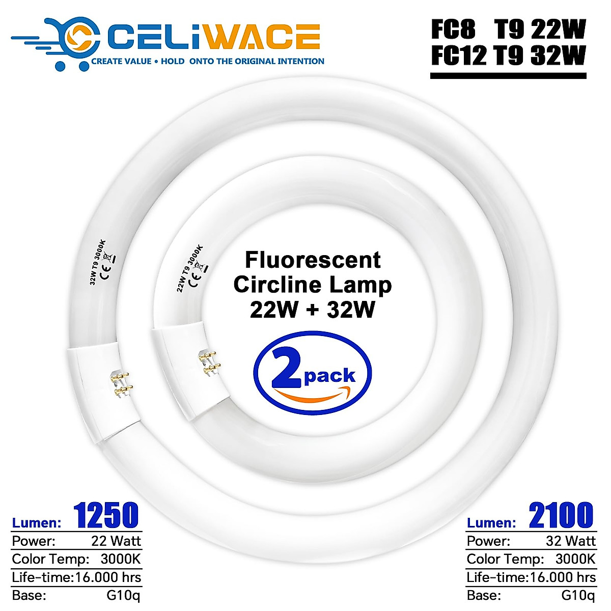 Celiwace FC8T9/WW 22 Watt and FC12T9/WW 32 Watt Set, 8 inch T9 22W Circular Light Bulbs Warm White, 12'' 32W Circline Fluorescent Bulb CRI 80, Soft White 3000K G10q