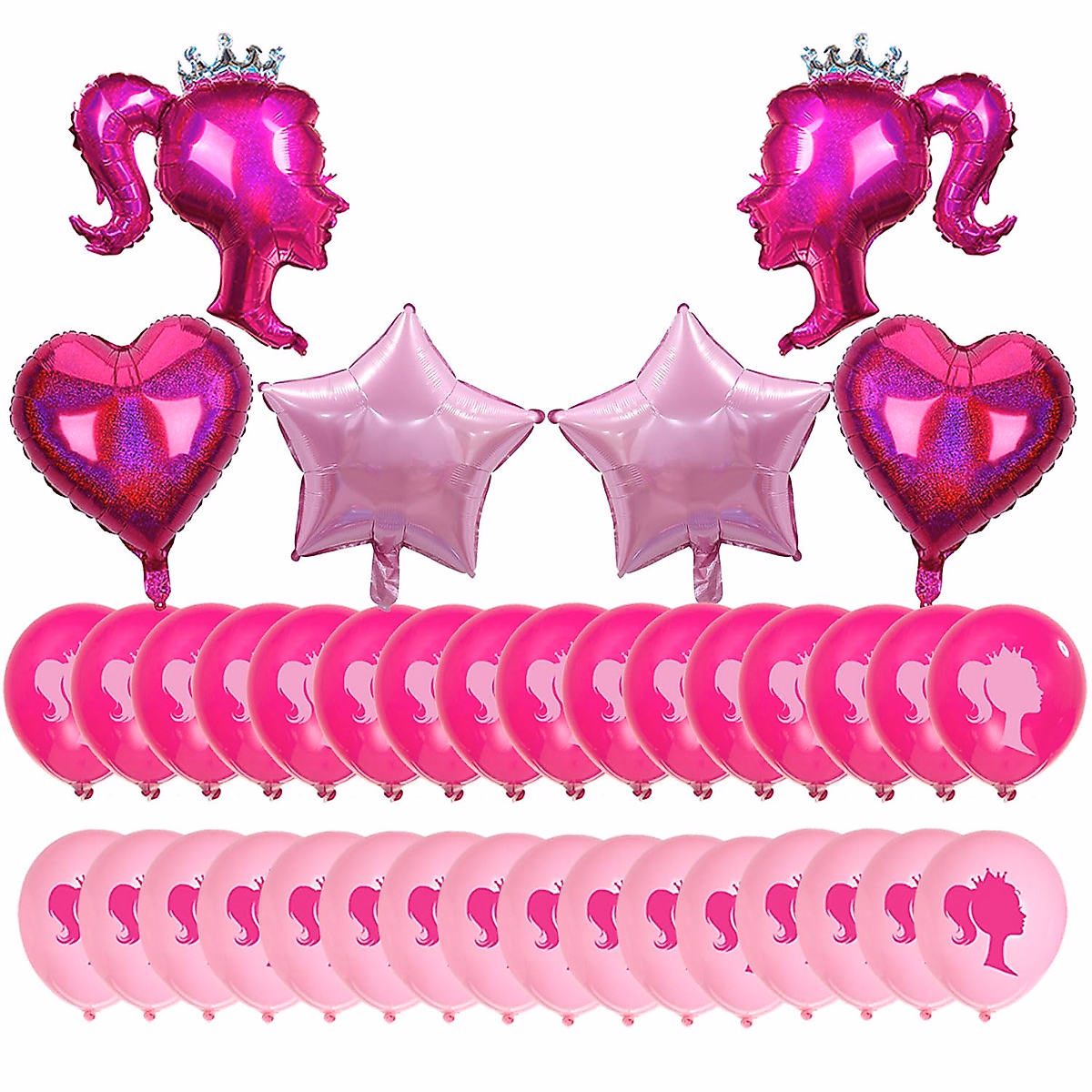 30pcs Hot Pink Princess Doll Foil Balloon Pink Heart Star Balloons Girl Head Latex Globos Kit For Princess Party Decorations Makeup Bachelorette Photo Backdrop Little Girl Adult Birthday Supply