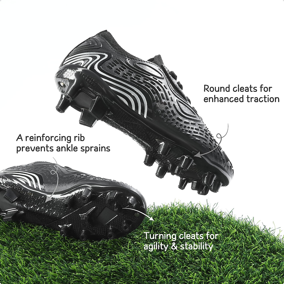 DREAM PAIRS Boys Girls Soccer Cleats Kids Football Shoes for Little/Big Kid,Size 6 Big Kid,Black/Grey,SDSO2304K