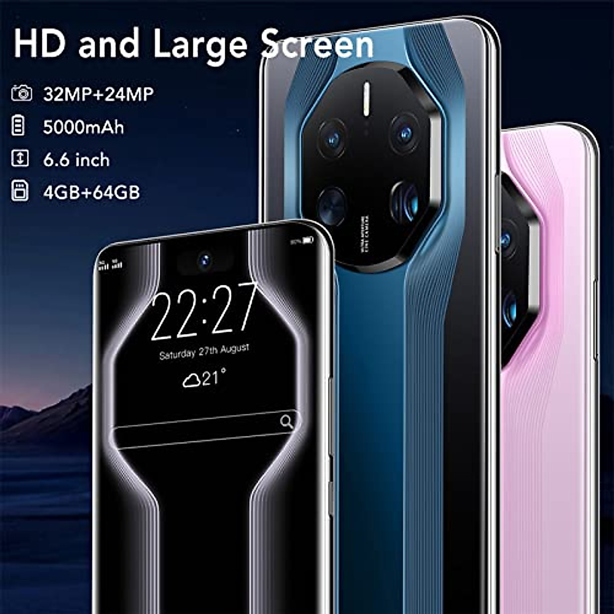 Yunseity 3G Smartphone, Mate50 RS 6.6in Face Unlock Mobile Phone, 4GB RAM 64GB ROM Quad Core, 24MP 32MP Dual Camera, 5000mAh Battery, 2.4G 5G Dual Band WiFi Dual Sim Cell Phone for Android (Black)