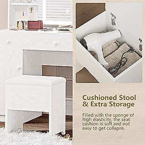 IRONCK Vanity Desk with LED Sliding Mirror & Power Outlet, Large Bedroom Makeup Table with Drawers & Cabinet & Storage Shelves & Stool, White