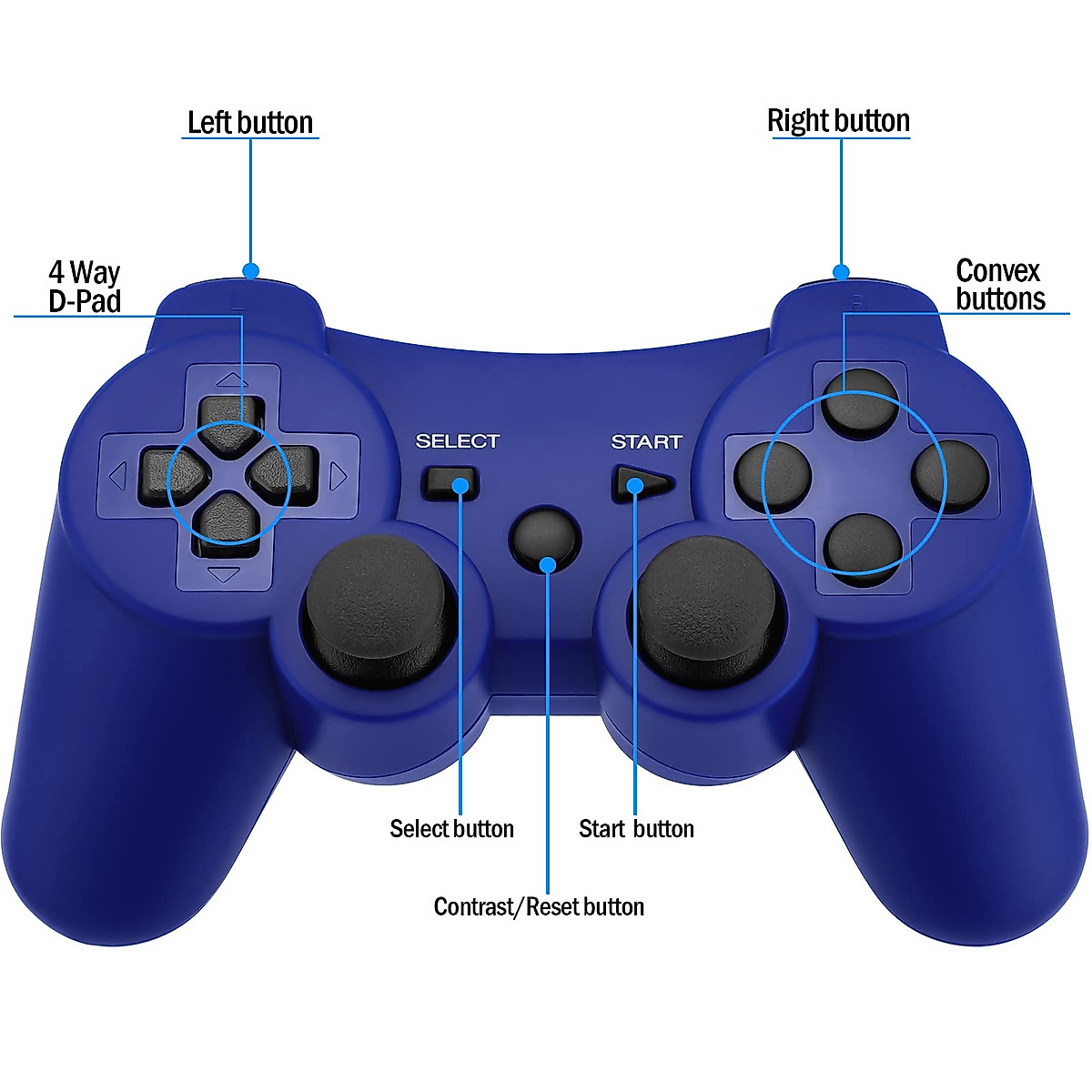 Ceozon PS3 Controller 2 Pack with Six-Axis Dual Vibration Wireless Control with Charging Cables Black + Blue