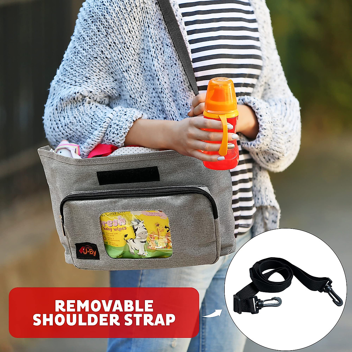.p U-By Baby Stroller Organizer with Cup Holder - Diaper Bag Organizer with Detachable Shoulder Strap - Stroller Bag Organizer for Bottle, Diapers, Toys, Baby Accessories - Fits All Strollers