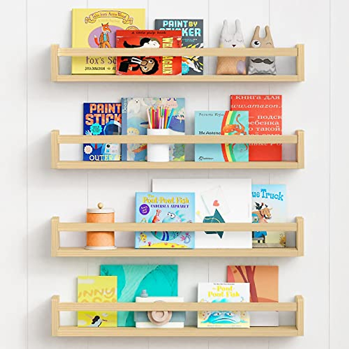 Forbena Natural Wood Nursery Bookshelves for Wall, 24 Inches Long Floating Book Shelves, Wall Mounted Bookcase for Teen Girl Boy Kids Room Bedroom, Playroom Organizer, Bathroom Decor (4-Pack)