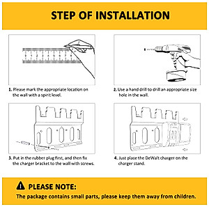 Riuog Wall Mount Bracket for DeWalt Battery and DCB112 Charger, Metal Black Rugged 4 Battery Holder and Charger Holder for Tool Room and Garage