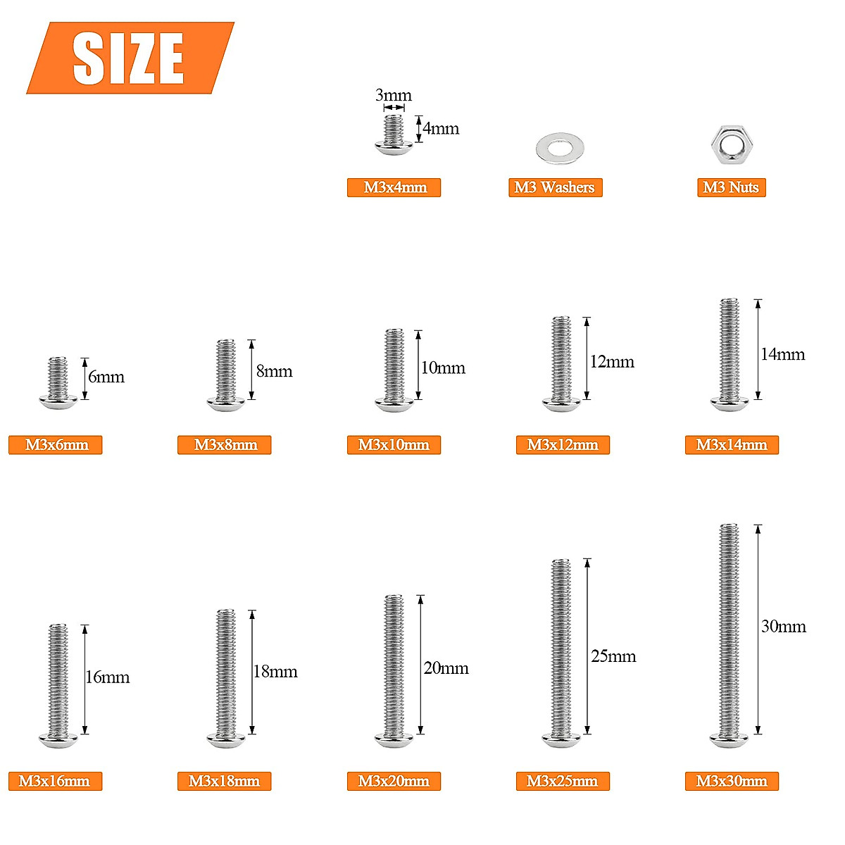 HELIFOUNER 565 Pieces M3 x 4mm /6mm /8mm /10mm /12mm /14mm /16mm /18mm /20mm /25mm / 30mm, Button Head Socket Cap Metric Screws Bolts Washers Nuts Kit, 304 Stainless Steel