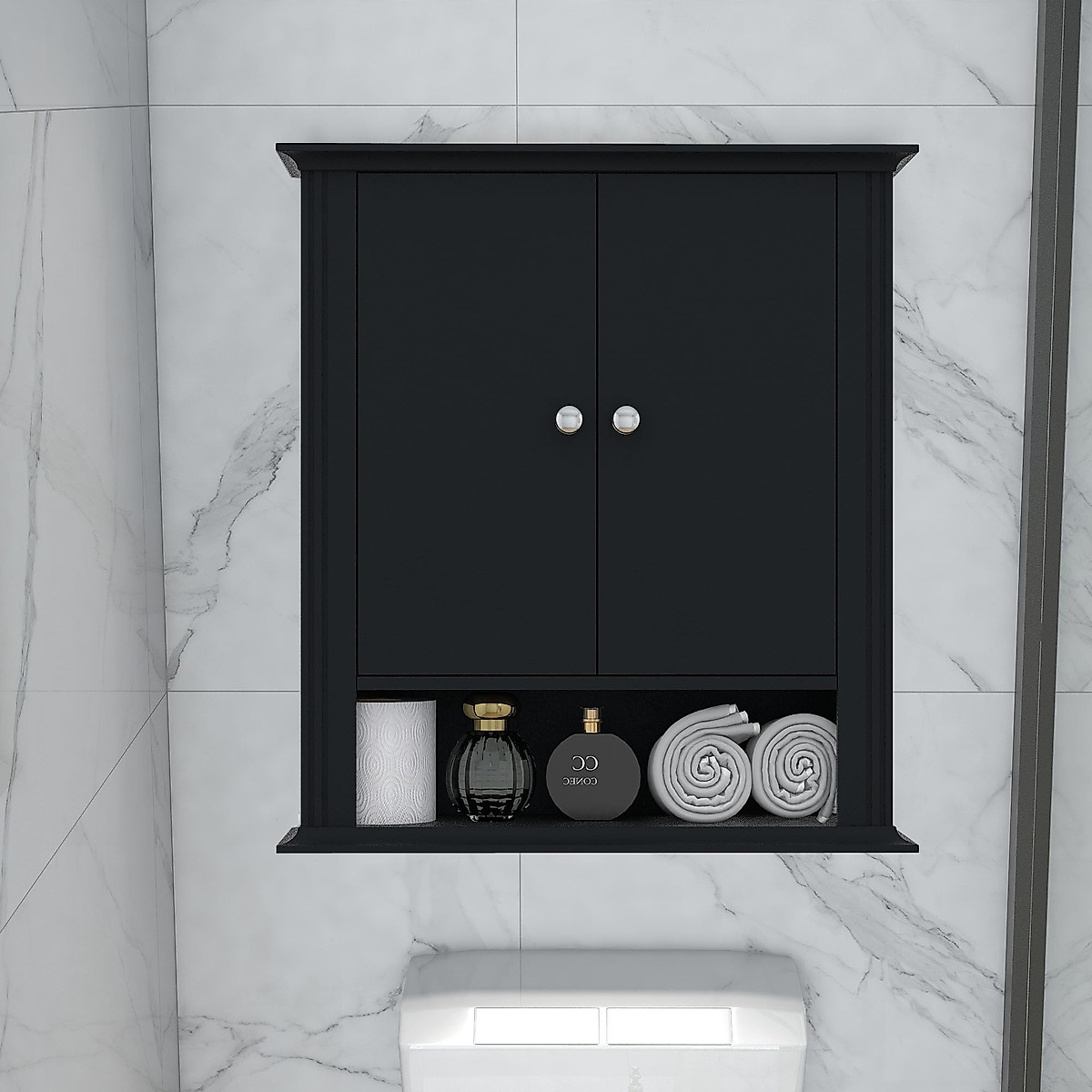 UYIHOME Wall Mounted Bathroom Medicine Cabinet with 2 Doors, Hanging Bathroom Wall Cabinet Over Toilet, Upper Cabinet Storage Cupboard for Bathroom Kitchen Laundry Room, Black, MC001