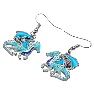 Enamel Alloy Dinosaur Fantasy Dragon Earrings Drop Dangle Unique Animal Jewelry for Women Dragons Gifts (Blue)