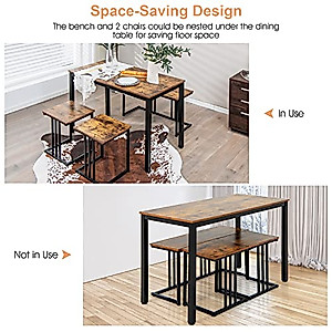 Giantex 4 Piece Dining Table Set, Kitchen Table and Chairs for 4, Nesting Furniture Set w/Bench & 2 Stools, Space-Saving Table Set, Modern Desk Set for Dining Room Restaurant