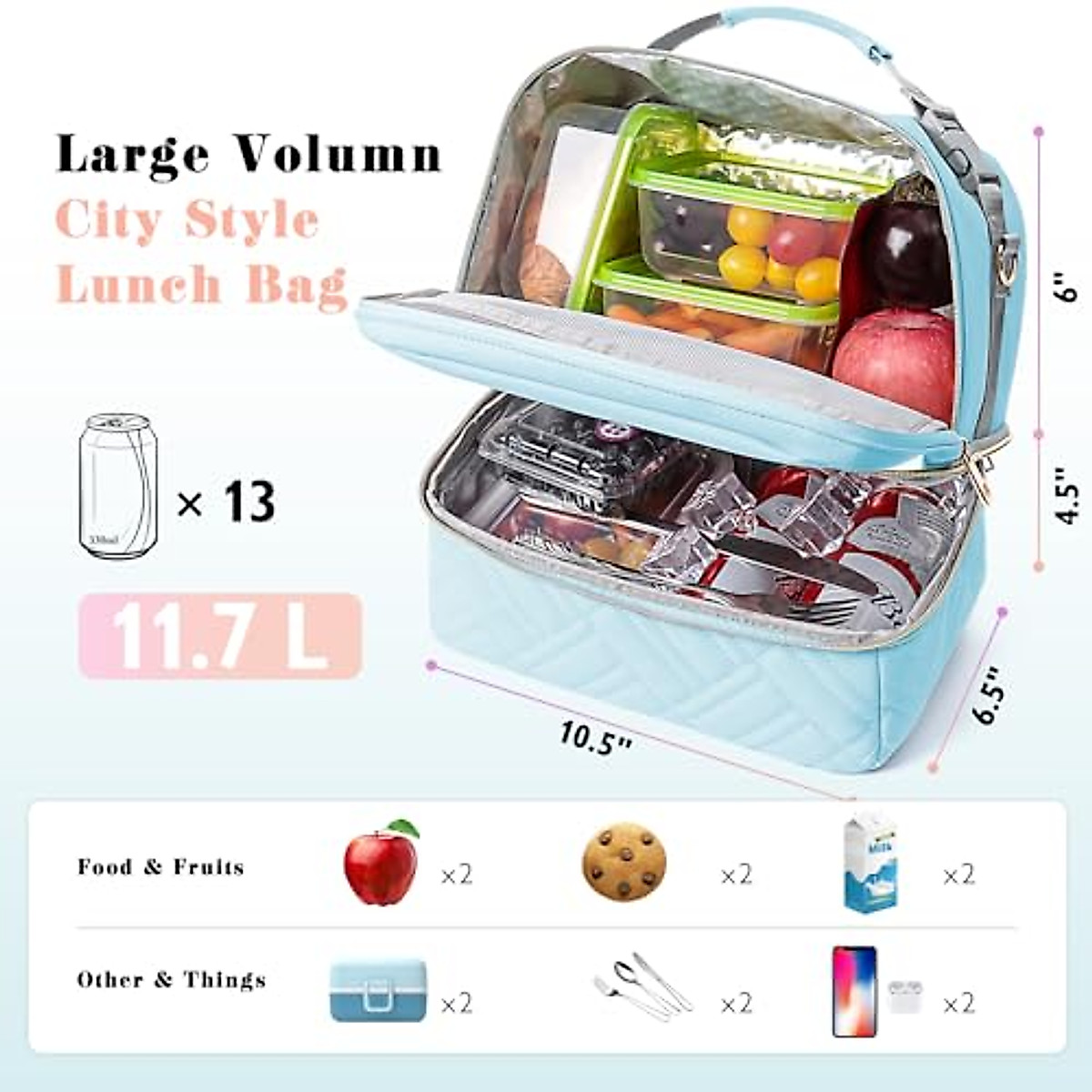 GLORIEROO Large Lunch Bag Women - 2 Tier Vegan Leather Insulated Leakproof Waterproof Lunch Box Cooler with Removable Strap for Work Travel Picnics Teacher Mothers Day Christmas Gifts for Women