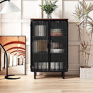 Aisurun 28.35" Modern Storage Cabinet Sideboard with 2 Glass Doors, Fir Top & 3 Storage Shelves for Entryway Living Room Home Office Dining Room, Black+Brown