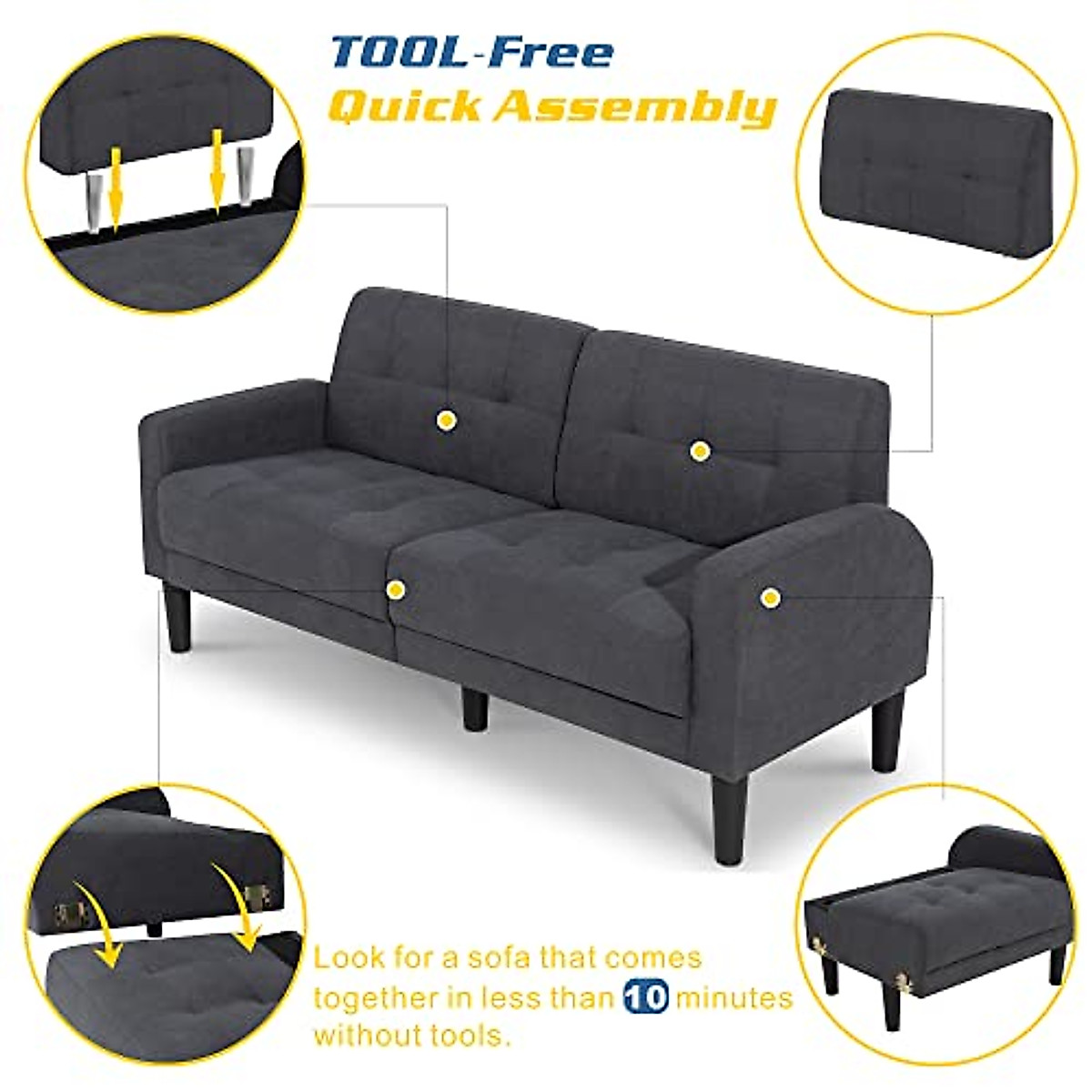 Vongrasig 63" Small Modern Loveseat Couch, Mid-Century Fabric Low Back 2-Seat Sofa Couch Tufted Love Seat for Living Room, Bedroom, Office, Apartment, Dorm, Studio and Small Space (Dark Gray)