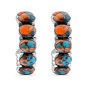 Shop LC Turquoise Half Hoop Earrings - Western Huggie Earrrings in 925 Sterling Silver for Women - Handmade Orange Spiny Oyster Southwestern Huggies Hoops Jewelry Birthday Gifts for Women