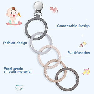 Ainiv Silicone Baby Teether Links, Cutie Baby Teething Toys with Pacifier Clip, Multi Use Baby Teether Rings, Food Grade Silicone Attachable Teether Chew for Newborn Infant Baby Gift, Color-3